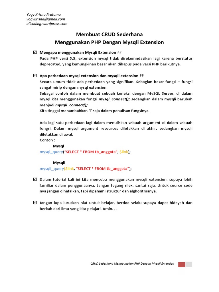 Crud Sederhana Menggunakan PHP Dengan Mysqli Extension | PDF