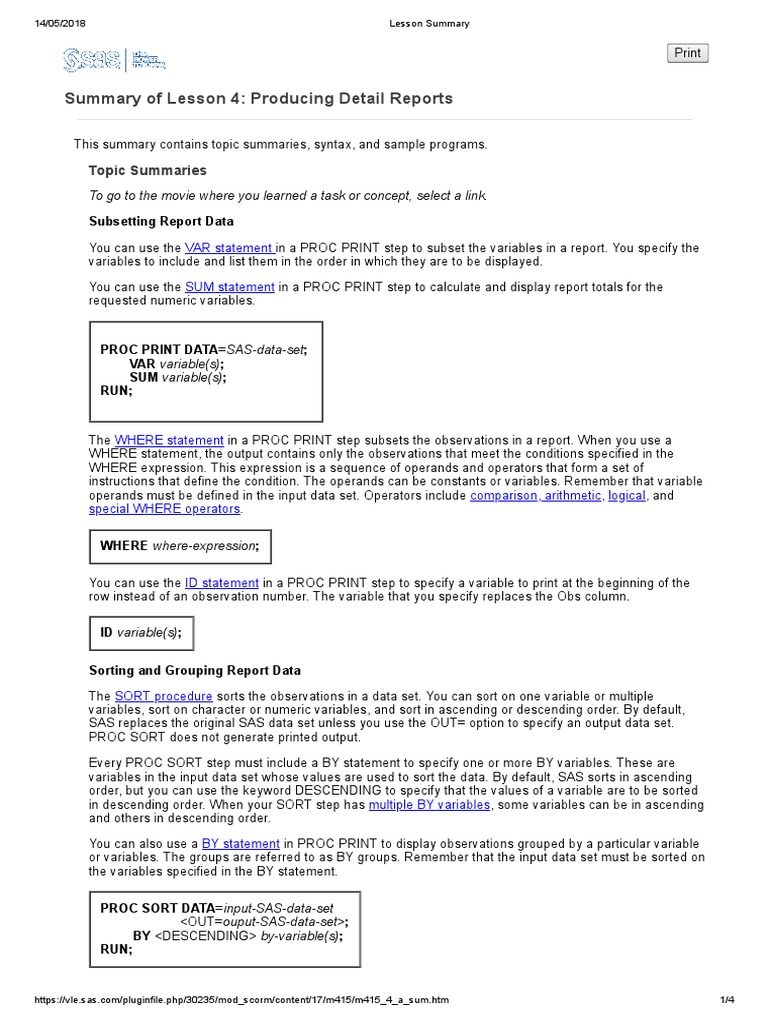 Summary of Lesson 4: Producing Detail Reports: Topic Summaries | PDF | Sas (Software) | Variable ...