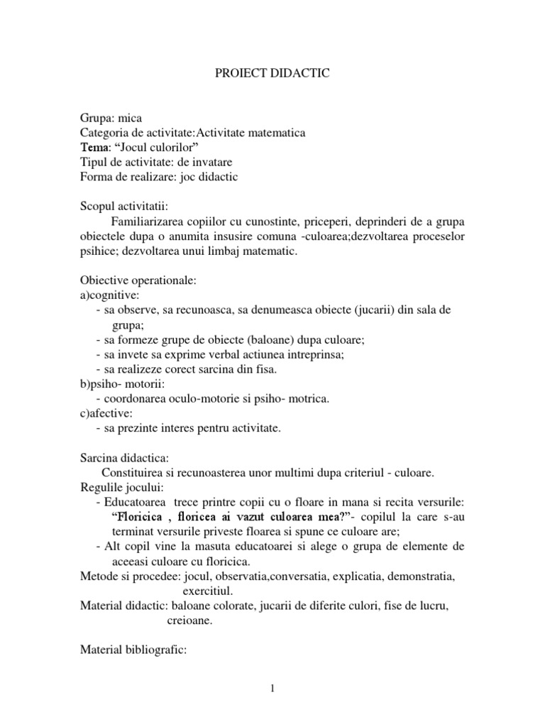 Joc Didactic - Jocul Culorilor | PDF