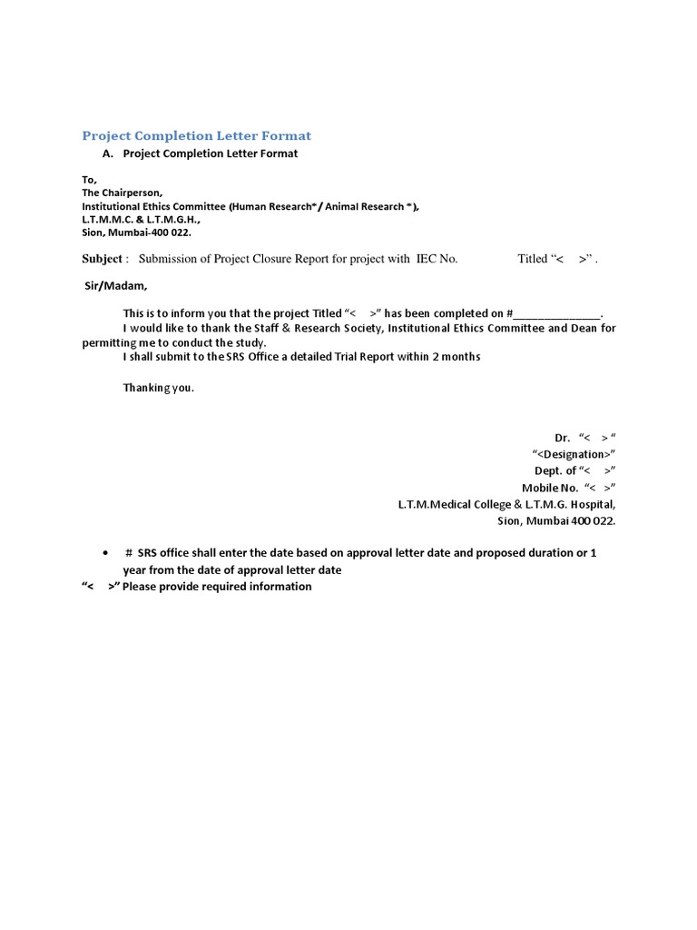 25 Down Project Completion Letter Format | PDF