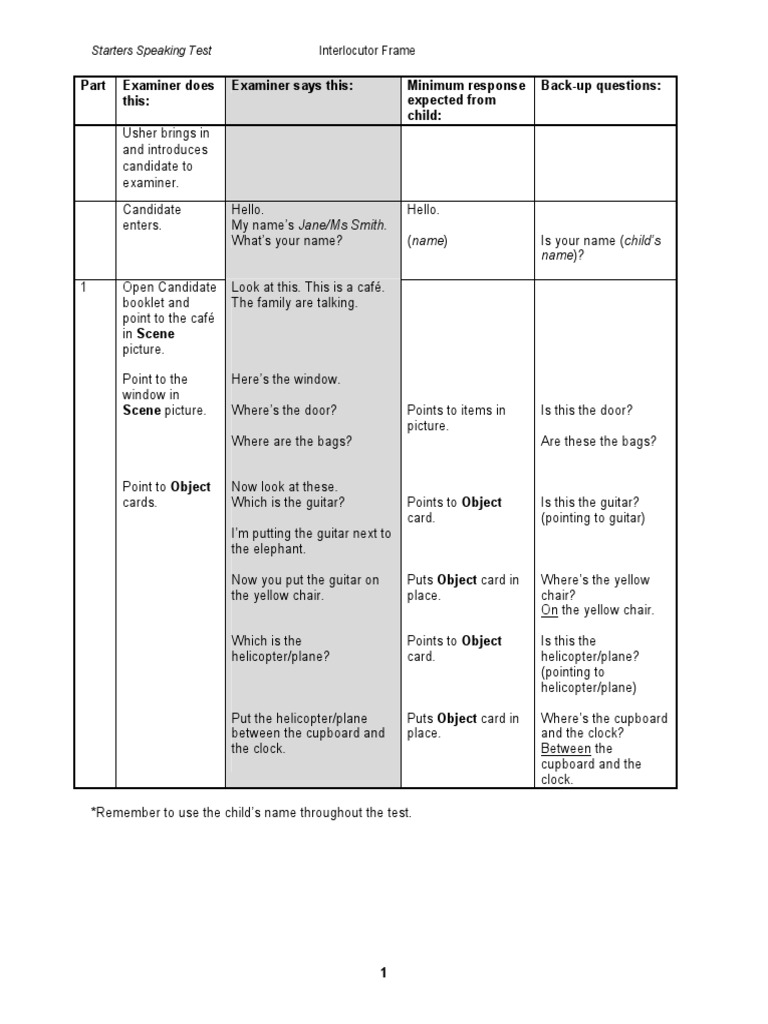 Starters Speaking Examiner Booklet 102 | Test (Assessment) | Leisure