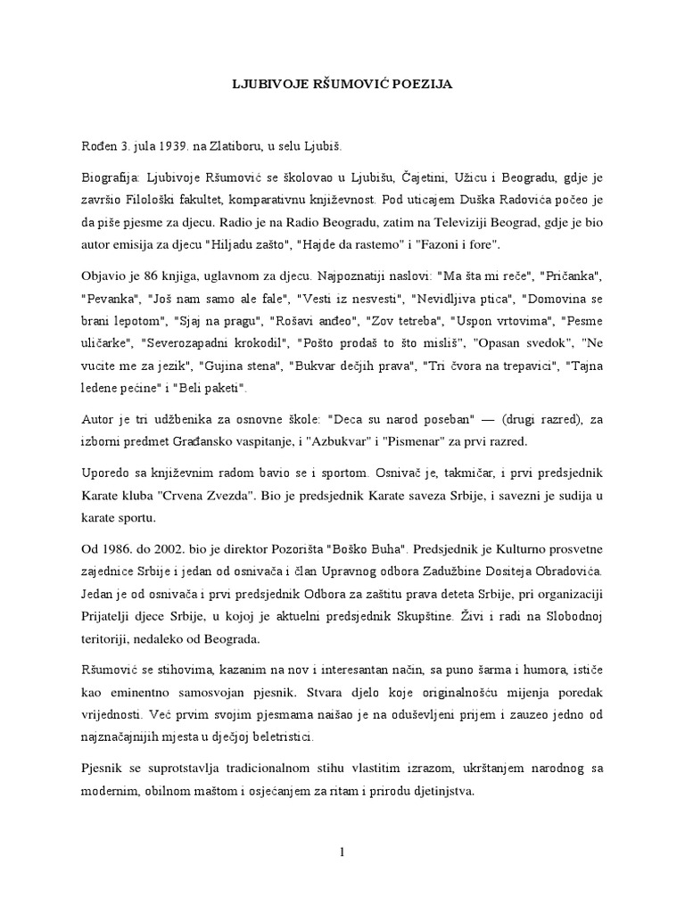 LJUBIVOJE RŠUMOVIĆ POEZIJA | PDF