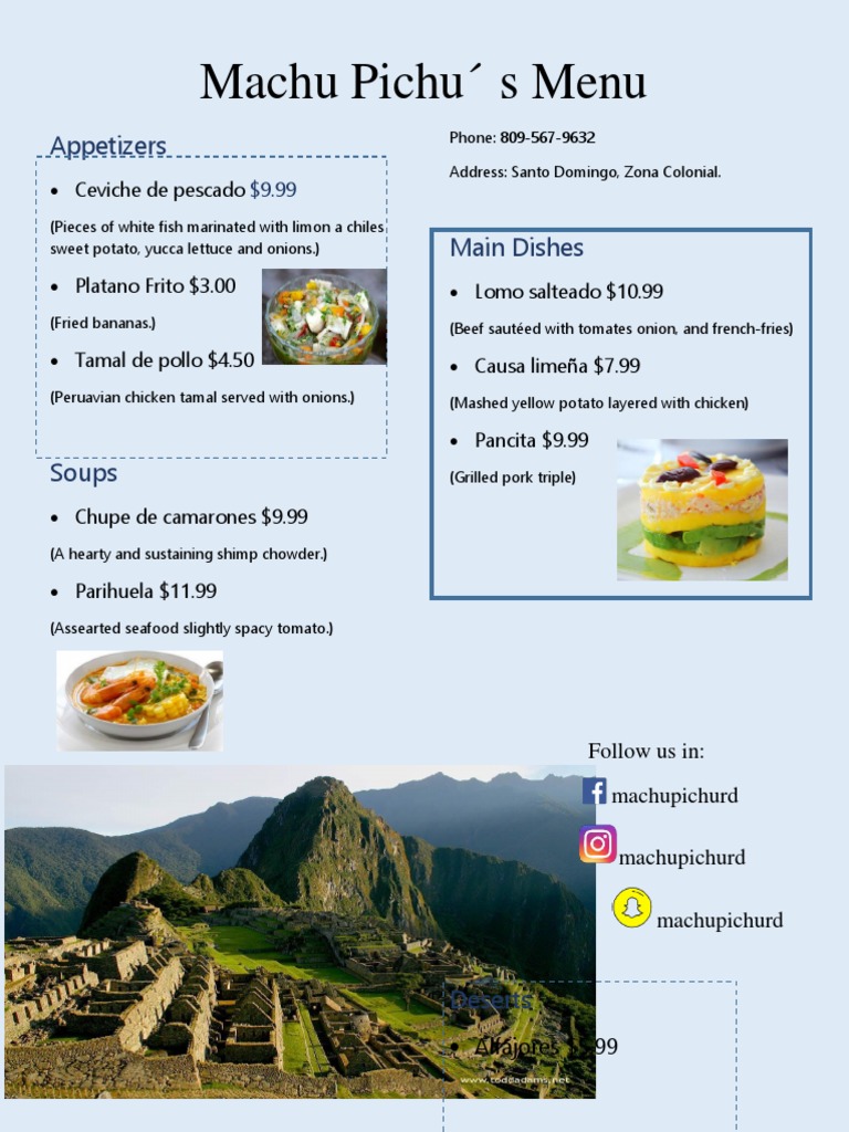 Machu Picchu Restaurant Menu Overview | PDF