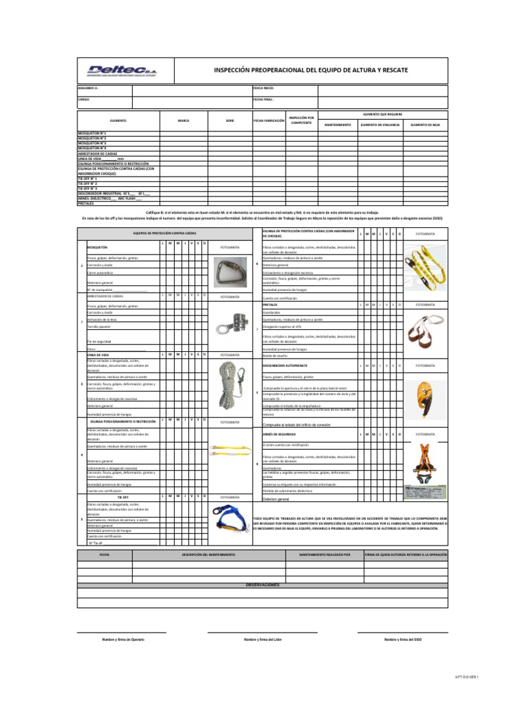 9-FT-513 VER 1 INSPECCIÓN PREOPERACIONAL DEL EQUIPO DE ALTURA Y RESCATE.pdf | Naturaleza