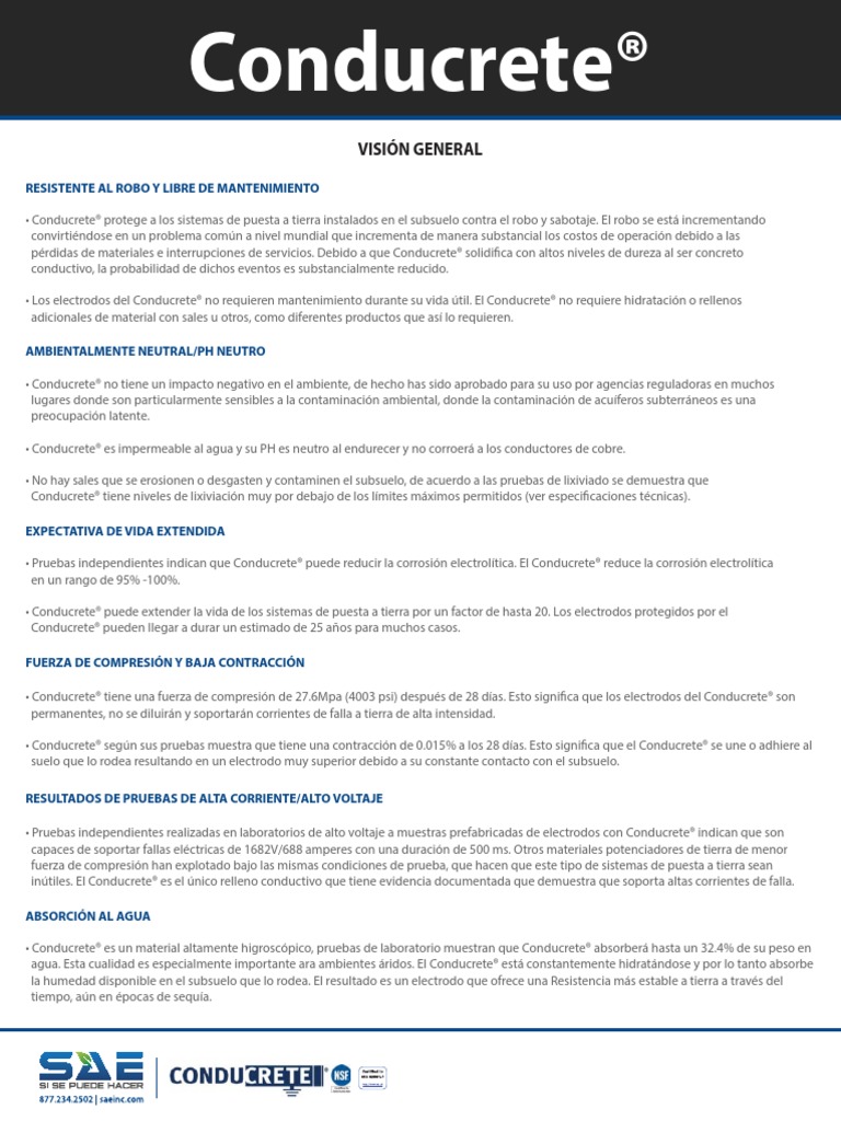 Conducrete Technical Specs Spanish | PDF | Resistencia Eléctrica y ...