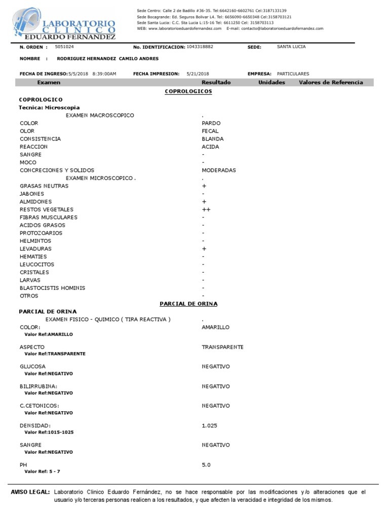 Resultados de exámenes médicos de coprológico, orina y hemograma | PDF