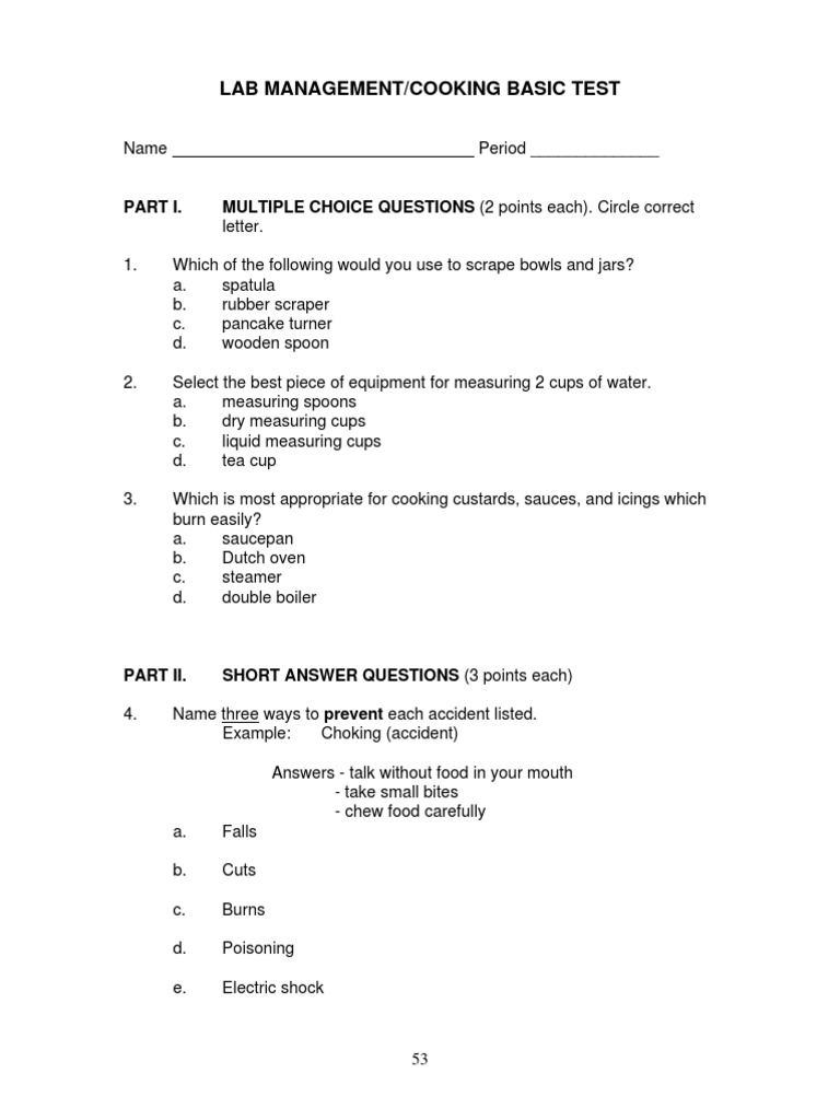LAB Management/Cooking Basic Test: MULTIPLE CHOICE QUESTIONS (2 Points ...