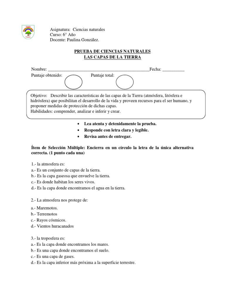 Examen sobre las Capas de la Tierra | PDF | Tierra | Suelo