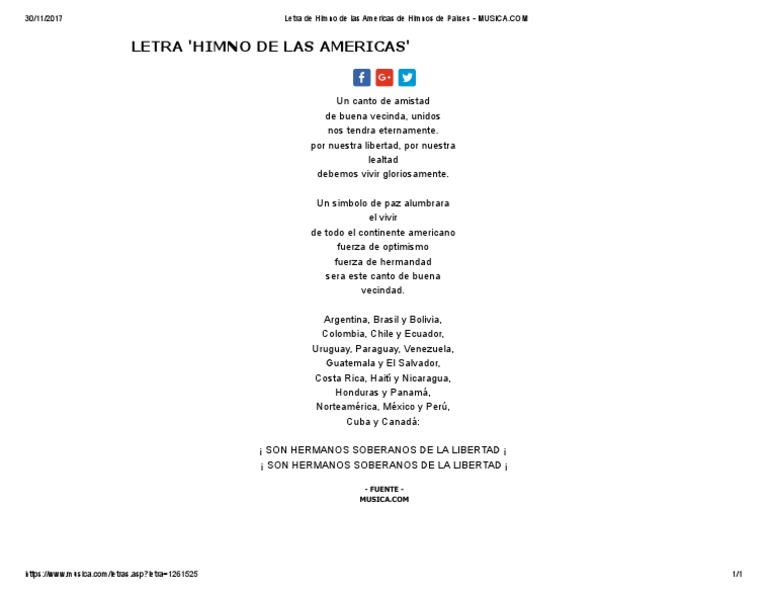 Letra de Himno de Las Americas de Himnos de Países - MUSICA | PDF ...
