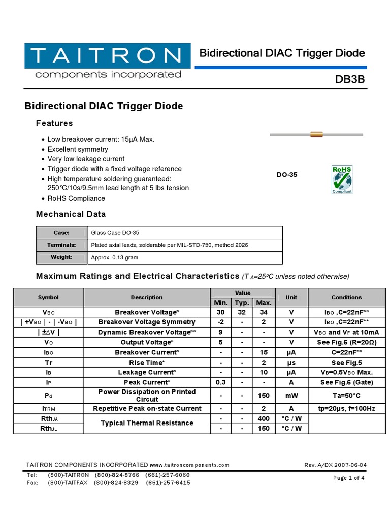 DB3 Bidirectional DIAC Specifications | PDF | Diode | Electromagnetism