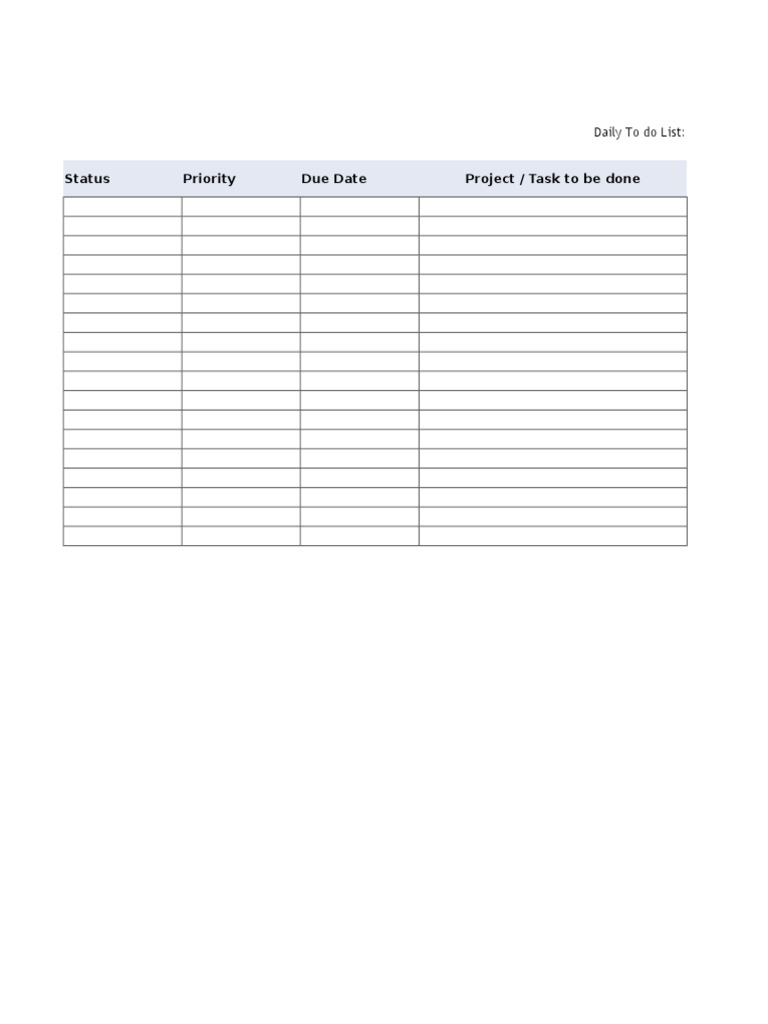 Status Priority Due Date Project / Task To Be Done: Daily To Do List | PDF