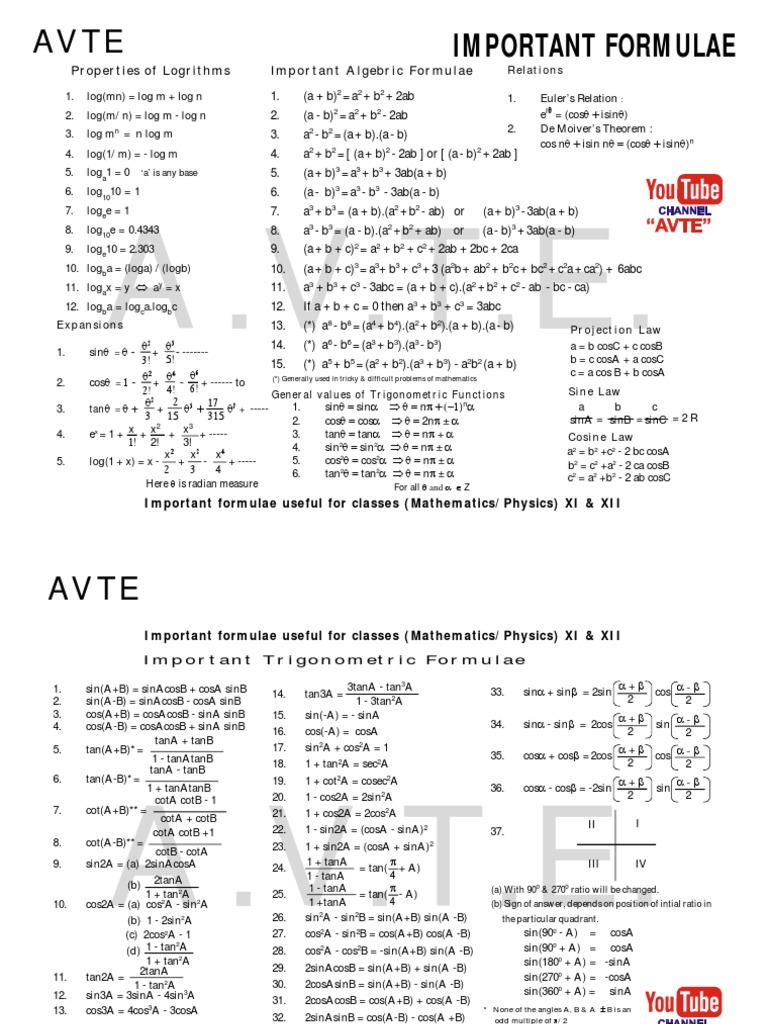Important Trigonometry Formulae | PDF | Trigonometric Functions | Sine