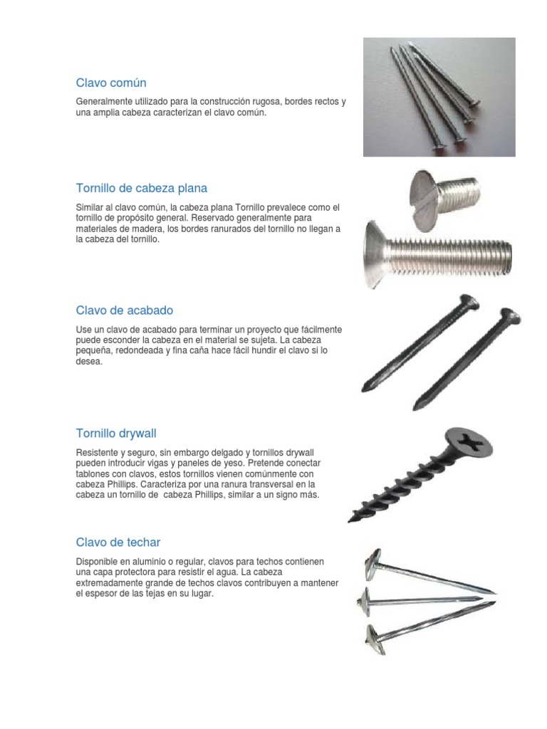 Tipos de Tornillos y Clavos | Tornillo | Materiales de construcción