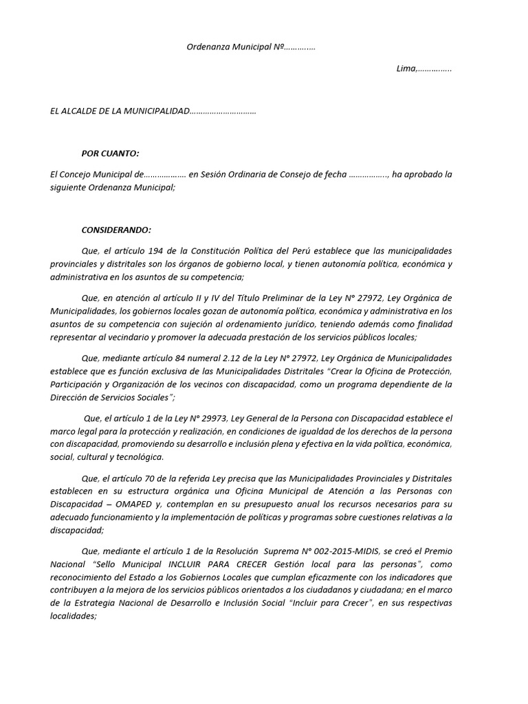 Modelo de Ordenanza Municipal de Creaci N de OMAPED Sello Municipal | PDF | Invalidez | Gobierno ...