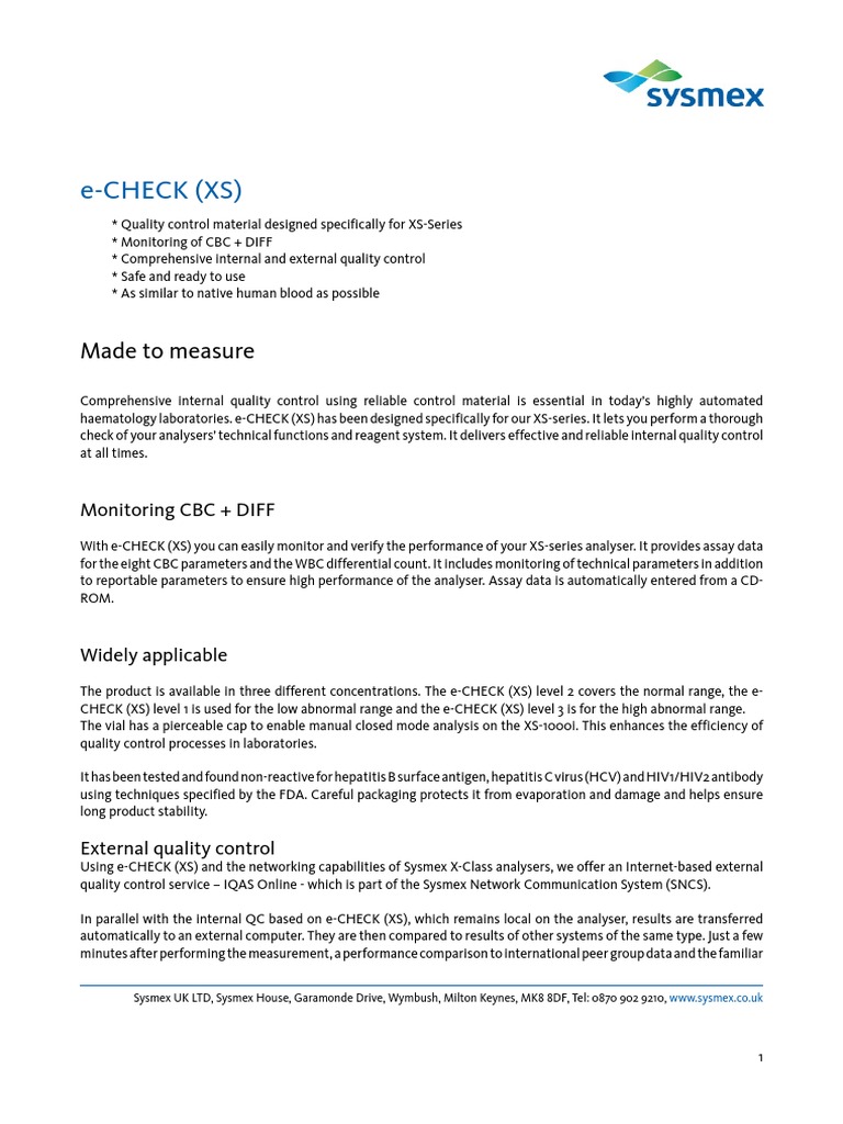 Sysmex E-Check (XS) | Download Free PDF | Assay | Business