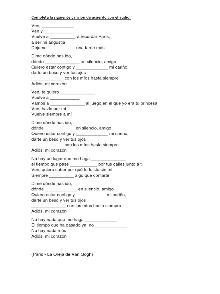Actividad ELE: Escucha y Completa La Canción (París, La Oreja de Van ...