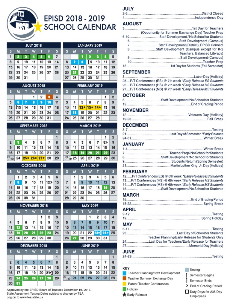 2018-19 Episd Student Calendar 06 12 18 | PDF