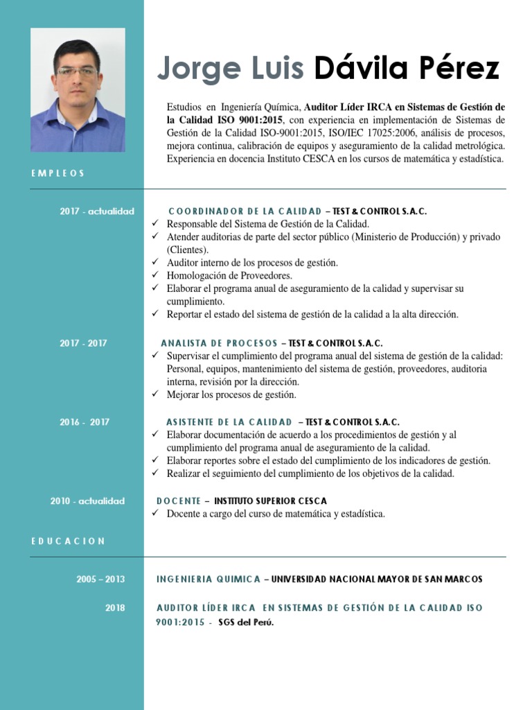 CV Jorge Davila 2018 | PDF | Gestión de la calidad | Calidad (comercial)