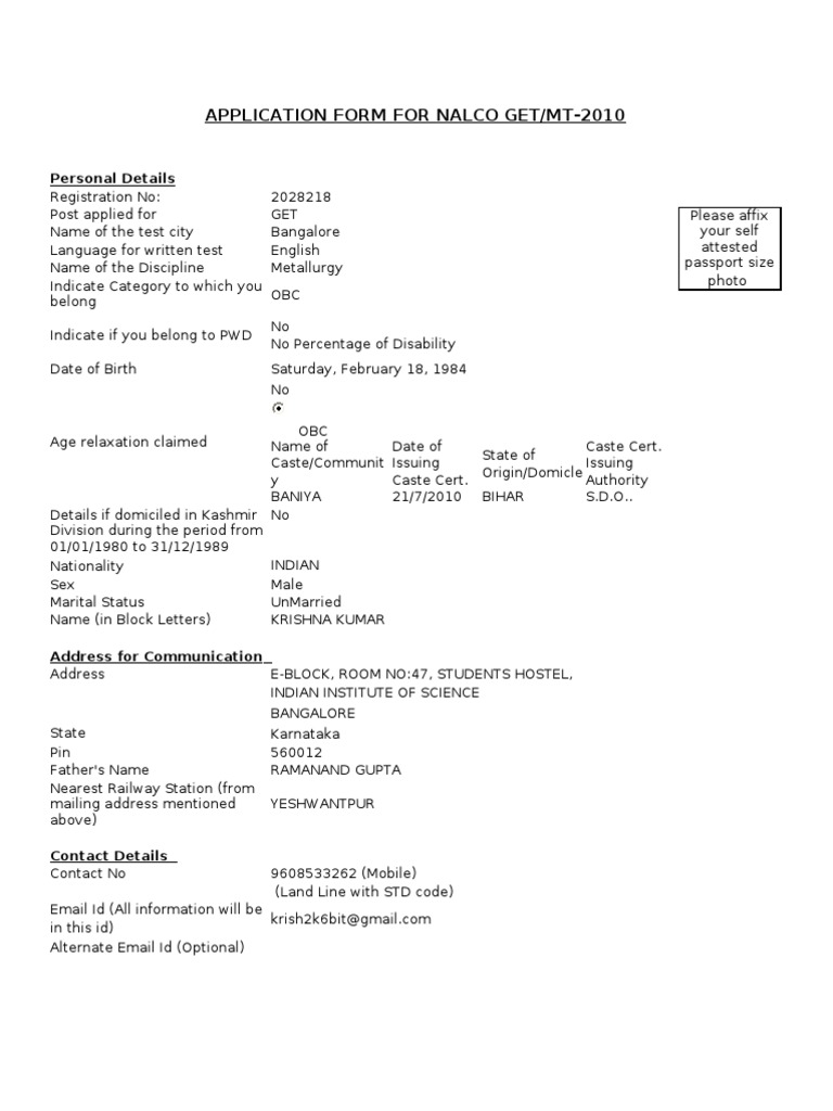 Application Form of Nalco | PDF