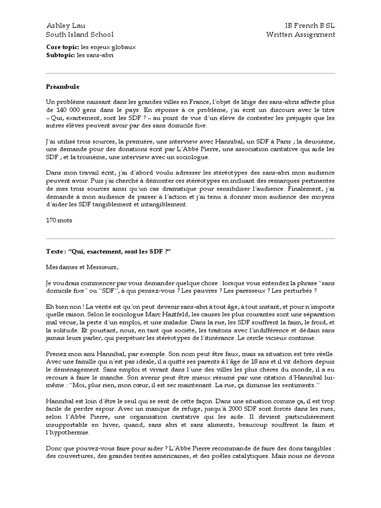 IB French B SL Written Assignment | PDF | Sans-abri | Société