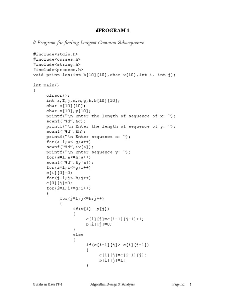 Program For Finding Longest Common Subsequence: Dprogram 1 | PDF ...