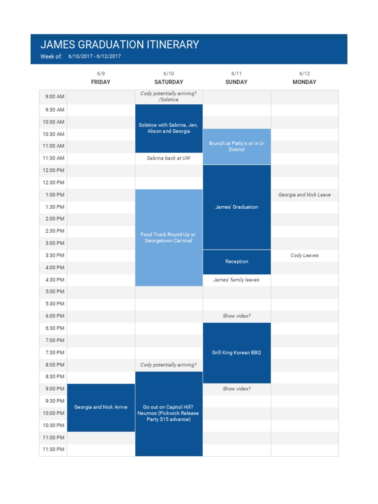 James Graduation Itinerary: Friday Saturday Sunday Monday | PDF