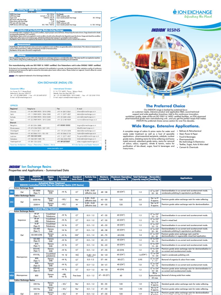 INDION Ion Exchange Resins Overview | PDF | Ion Exchange | Ion