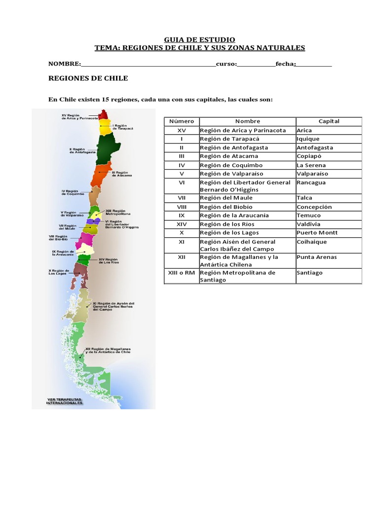 Guia De Trabajo Regiones De Chile Y Zonas Naturales Pdf Chile
