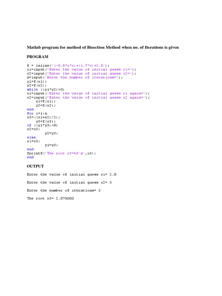 Matlab Program For Method of Bisection Method When No. of Iterations Is ...