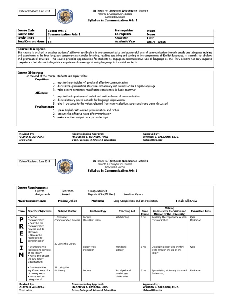Communication Arts 1 Syllabus | PDF | Lecture | Communication