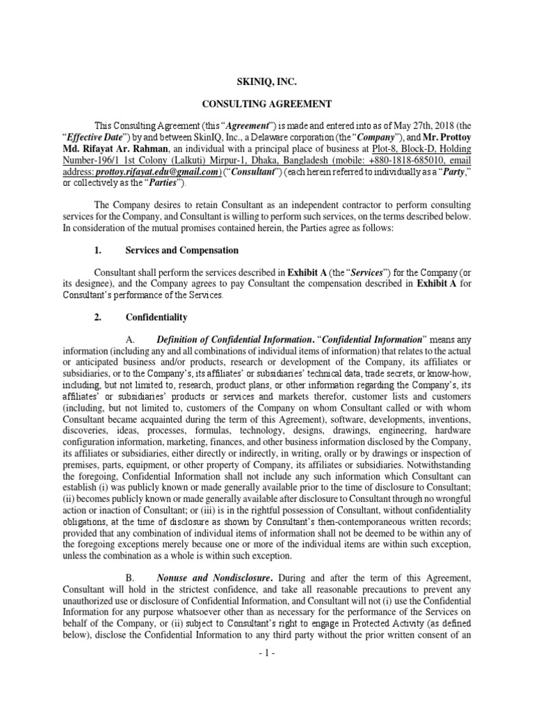 Consulting Agreement - Prottoy Rifayat Rahman-SkinIQ, Inc. (27-May-18) v01 CLEAN | PDF ...