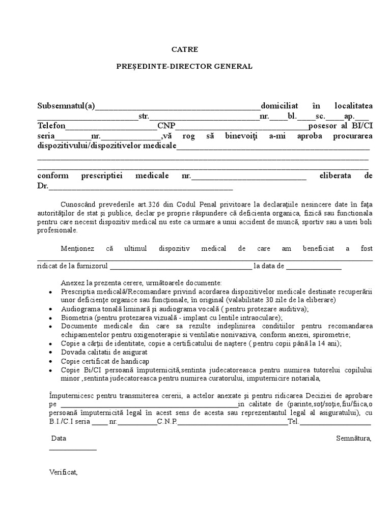 Model Cerere Dispozitive Medicale 2017