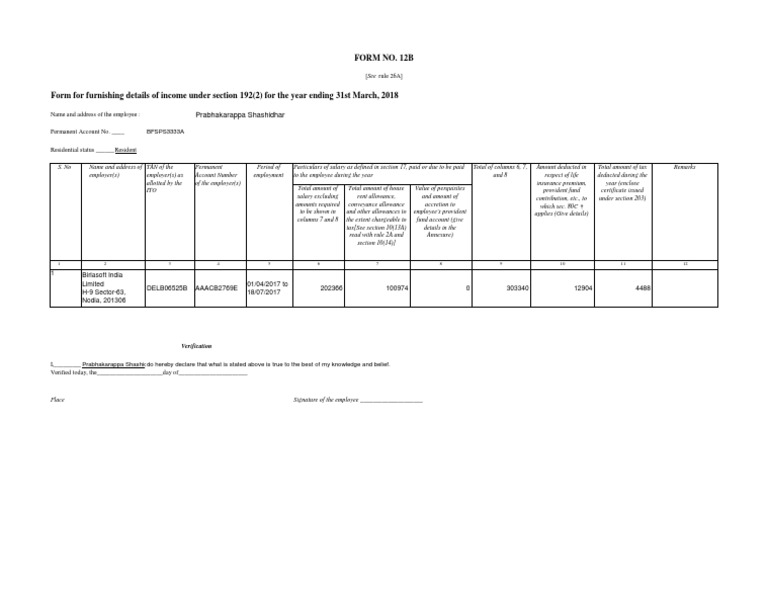 Form No. 12B: Prabhakarappa Shashidhar | Download Free PDF | Employee ...