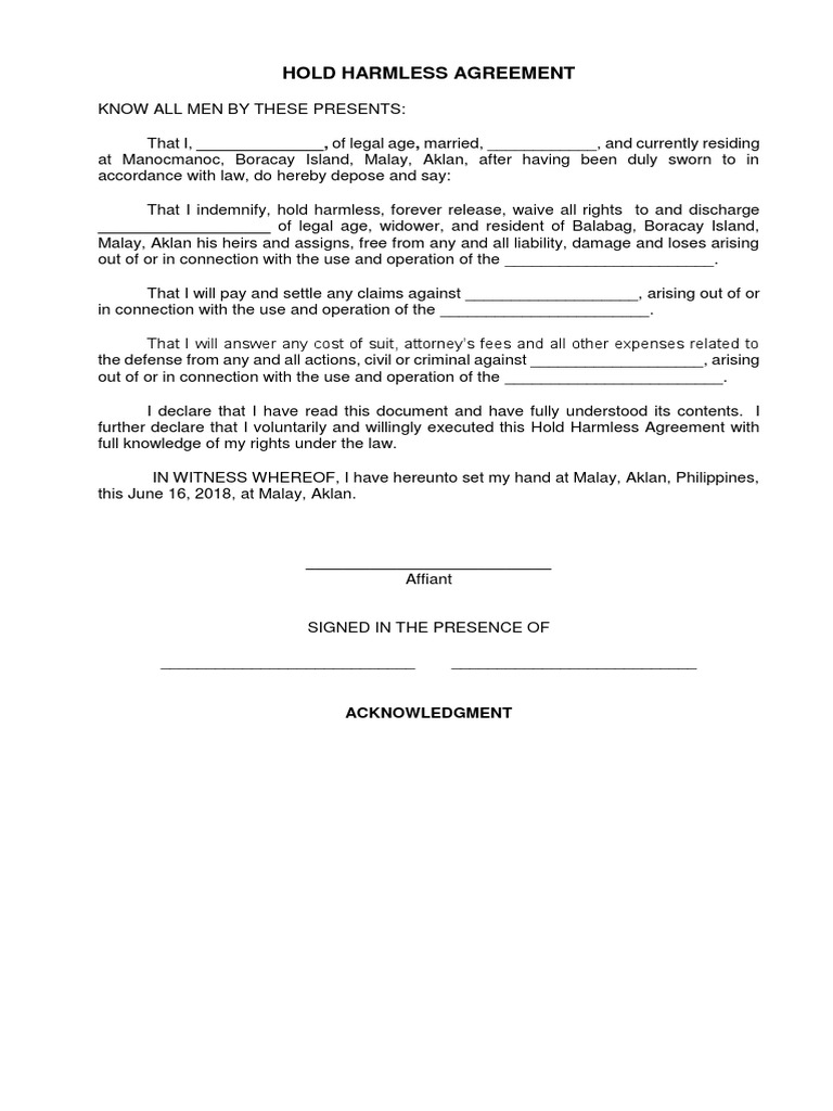 Hold Harmless Agreement Template | PDF