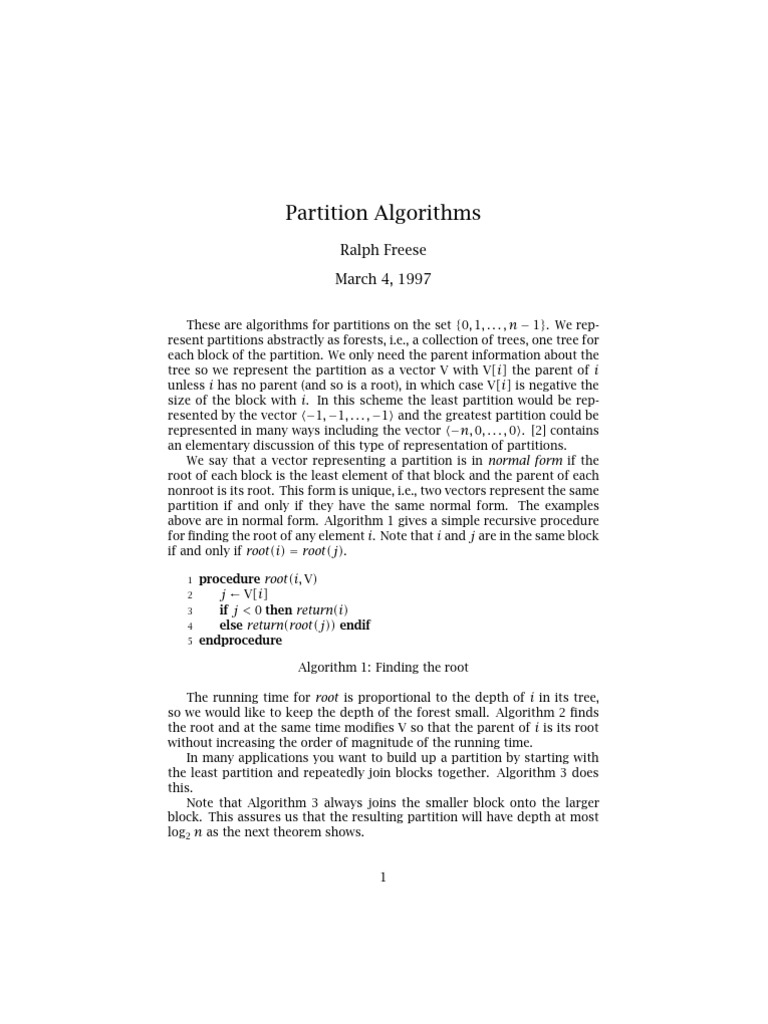 Partition Algorithms: Ralph Freese March 4, 1997 | PDF | Mathematical ...