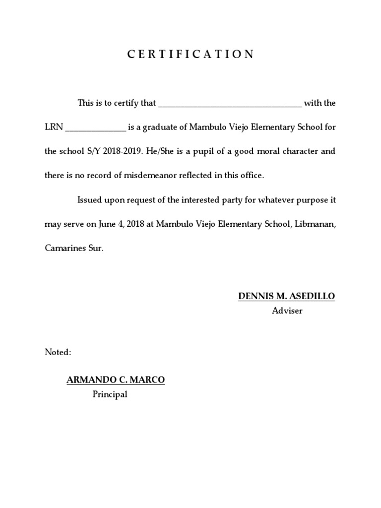 Good Moral Character Certificate | PDF