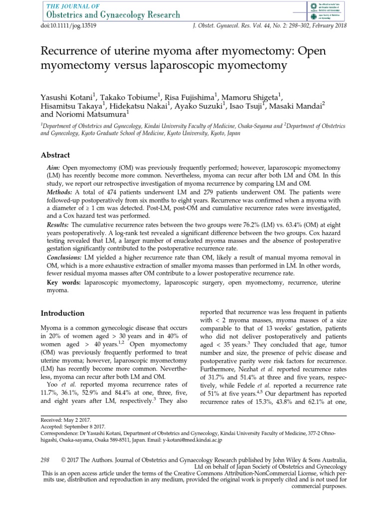 Recurrence of Uterine Myoma After Myomectomy: Open Myomectomy Versus ...