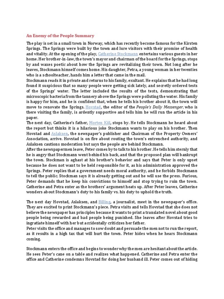 Catherine Stockmann: An Enemy of The People Summary | PDF | Mystery ...
