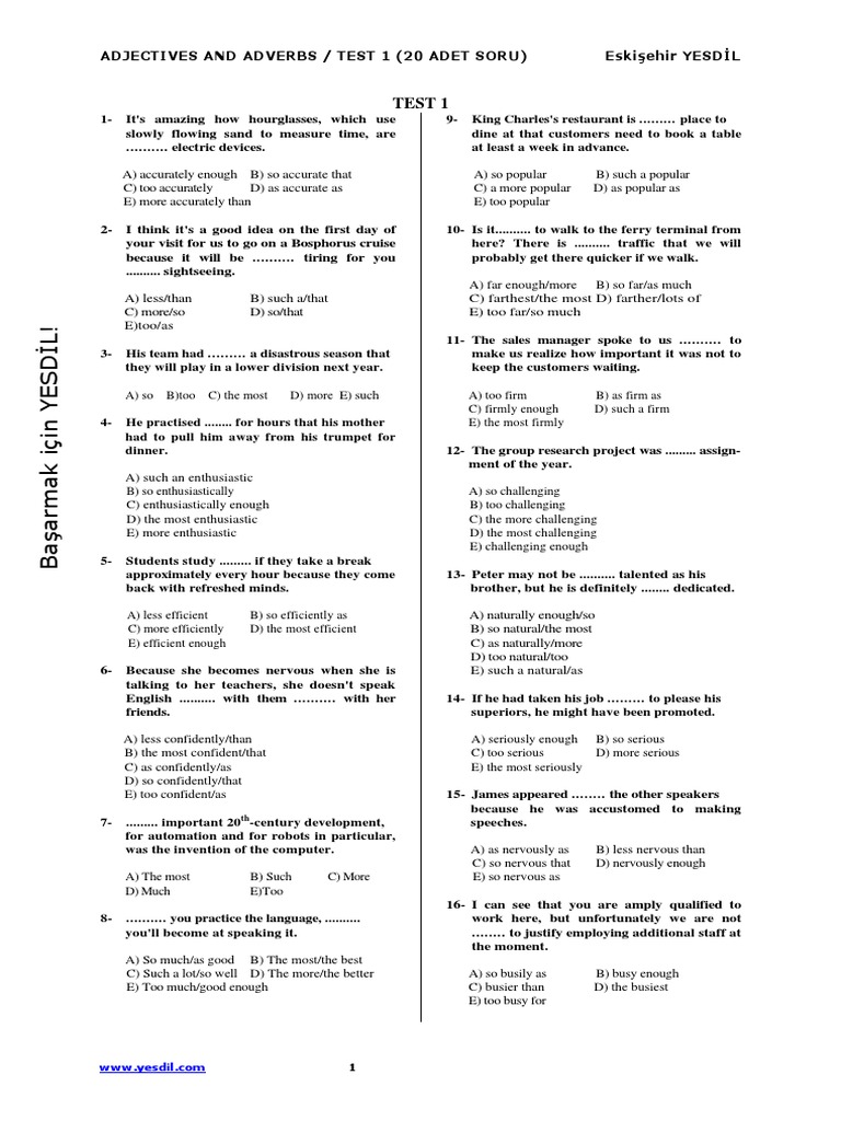 Adjective and Adverb Test PDF | PDF