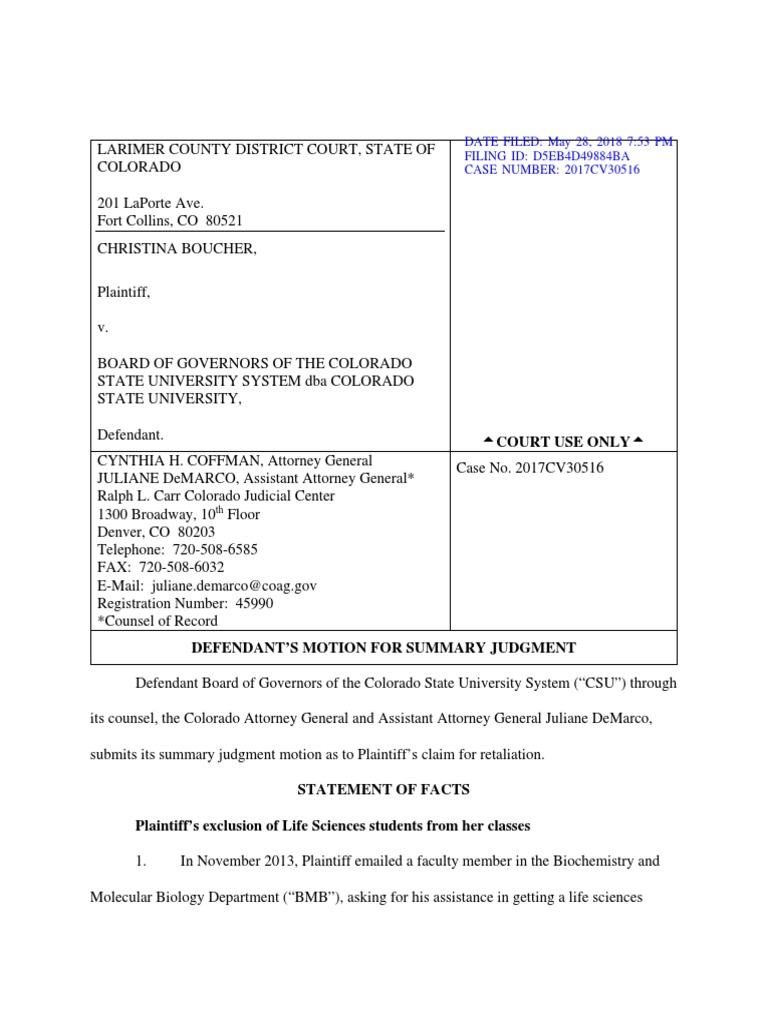 Christina Boucher v. CSU: Motion For Summary Judgment | PDF | Mc Donnell Douglas Corp. V. Green ...