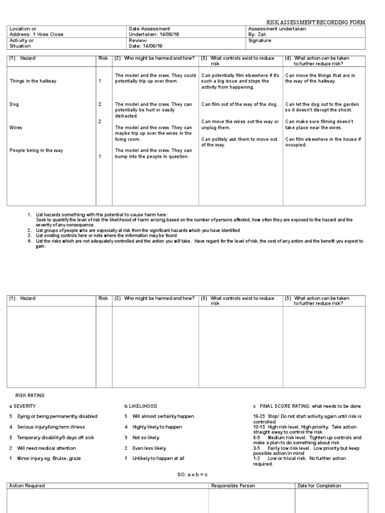 Risk Assessment Recording Template | PDF | Hazards | Risk