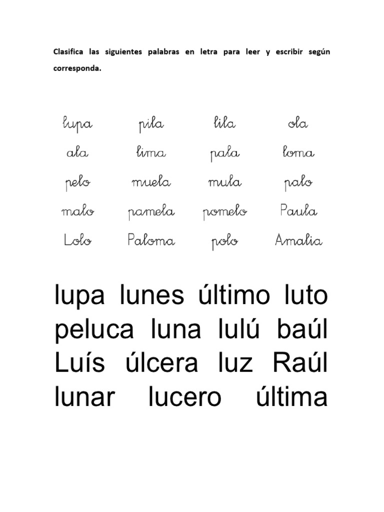 Clasifica Las Siguientes Palabras en Letra para Leer y Escribir Según ...