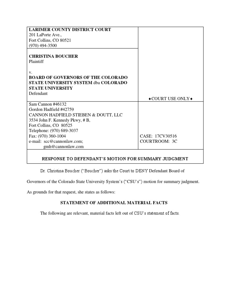 Christina Boucher v. CSU: Response To Motion For Summary Judgement | PDF | Summary Judgment ...