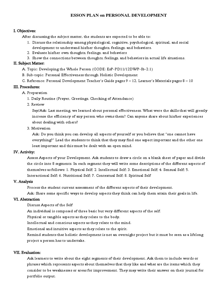 Lesson Plan On Personal Development Week 2 | PDF | Self | Thought