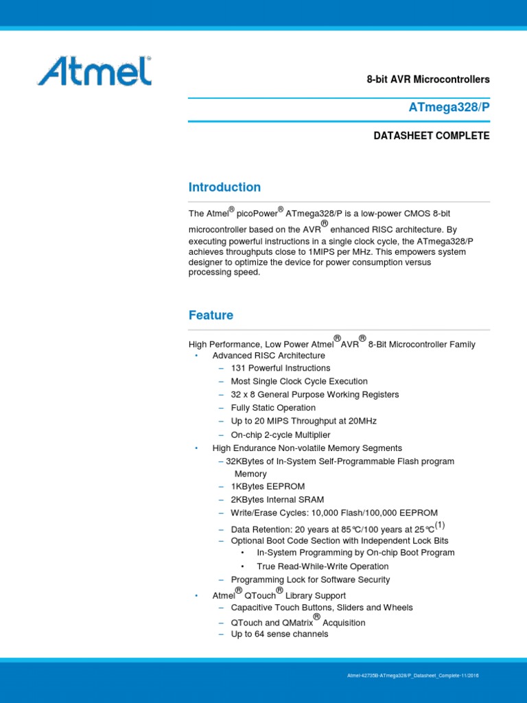 Atmel 42735 8 Bit AVR Microcontroller ATmega328 328P Datasheet | PDF ...