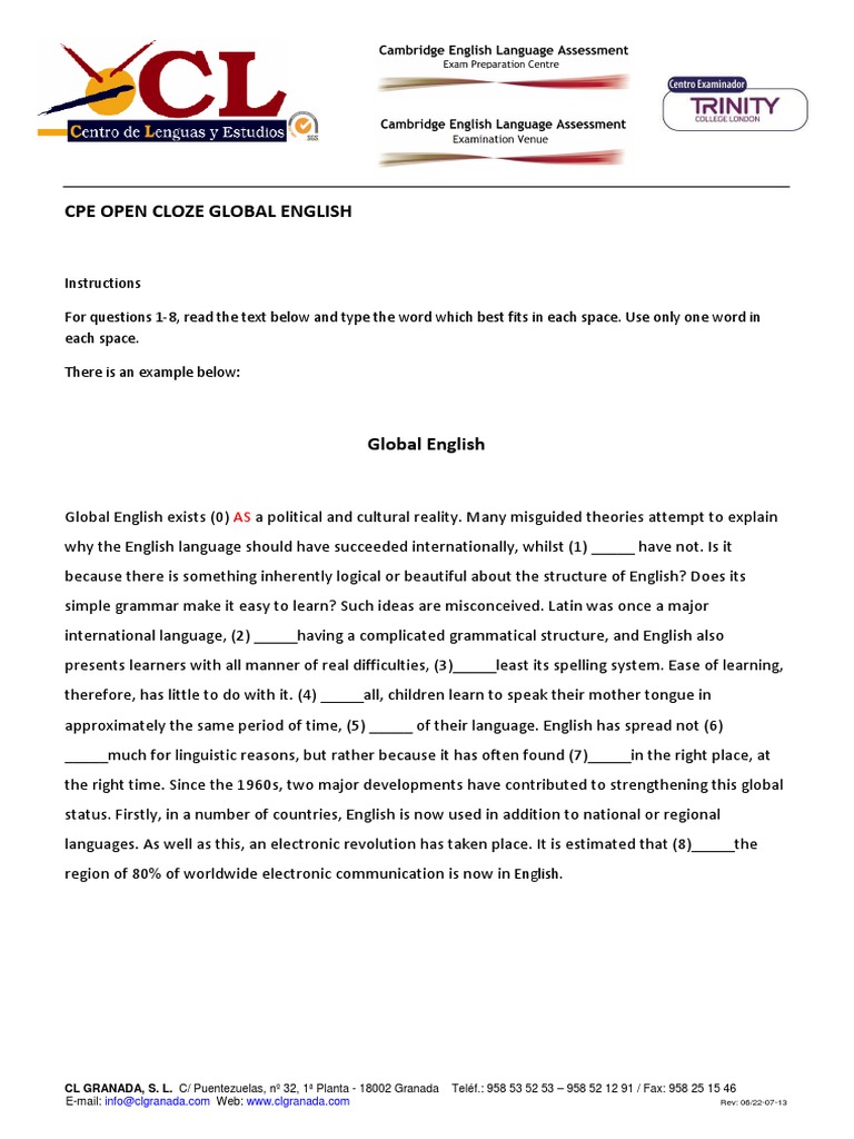 CPE Reading Open Cloze Global English | PDF