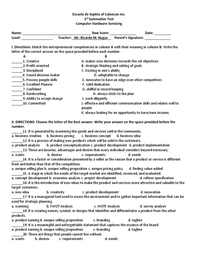 3rd Grading Summative Test - CHS | PDF | Entrepreneurship | Brand