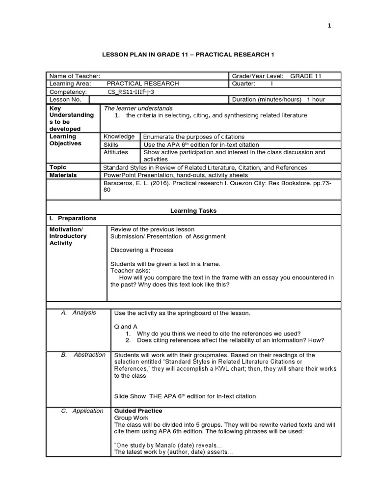APA Citation in Lesson Planning | PDF | Lesson Plan | Citation