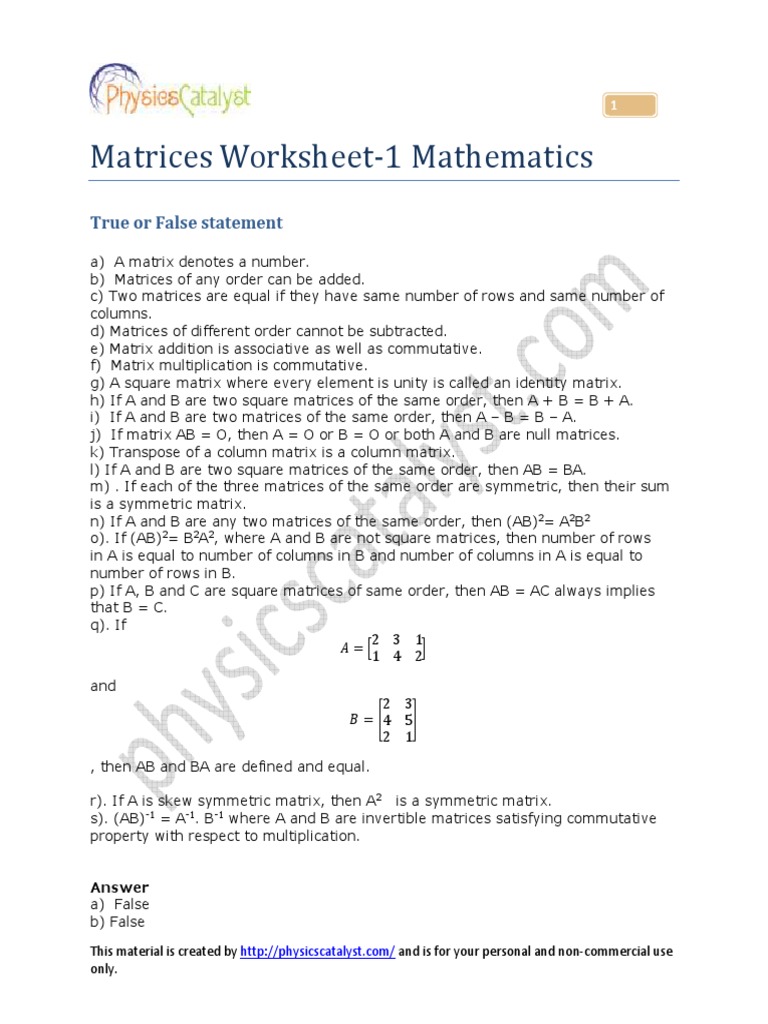 Matrices Worksheet 1 | PDF | Matrix (Mathematics) | Matrix Theory