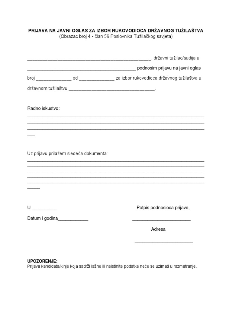 Prijava Na Javni Oglas Za Izbor Rukovodioca Državnog Tužilaštva | PDF